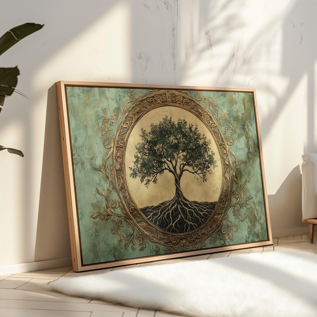 Golden Framed Tree of Life Canvas Wall Art - Rooted Green Tree Design ...