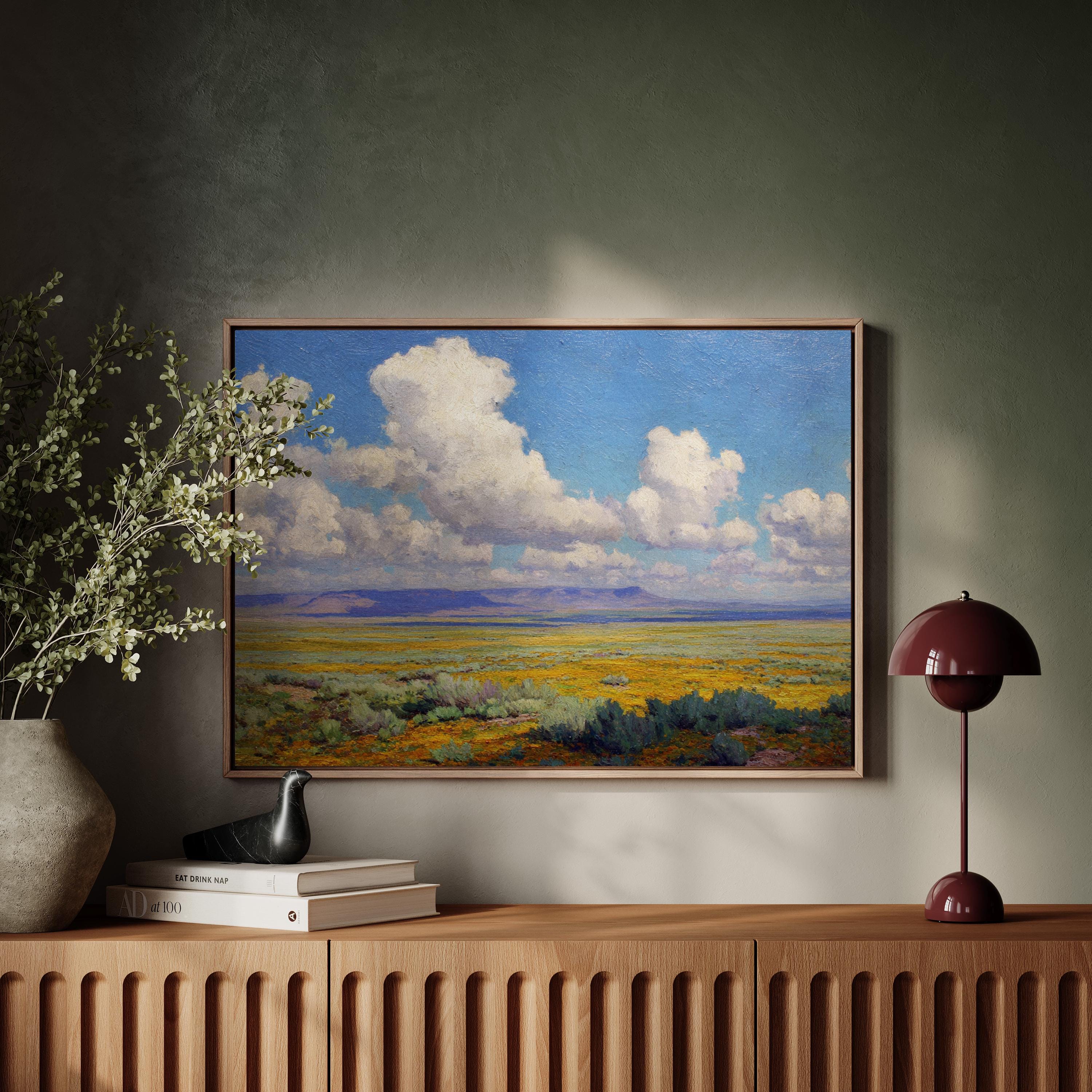 Vintage Oil Painting of Open Plains Landscape With Wildflowers and ...
