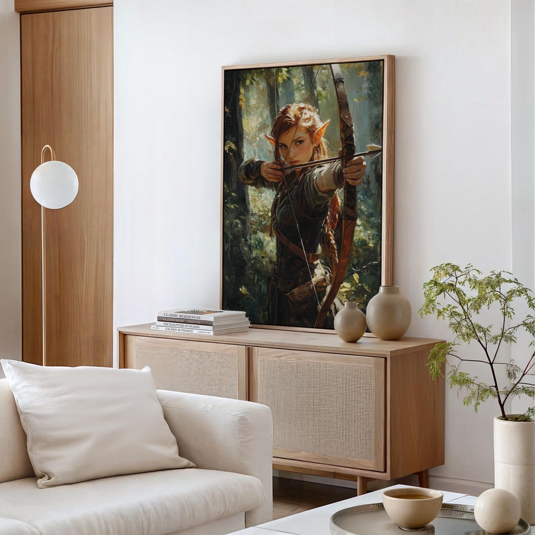 Elven Archer Canvas Wall Art - Fantasy Elf Warrior With Bow, Woodland ...