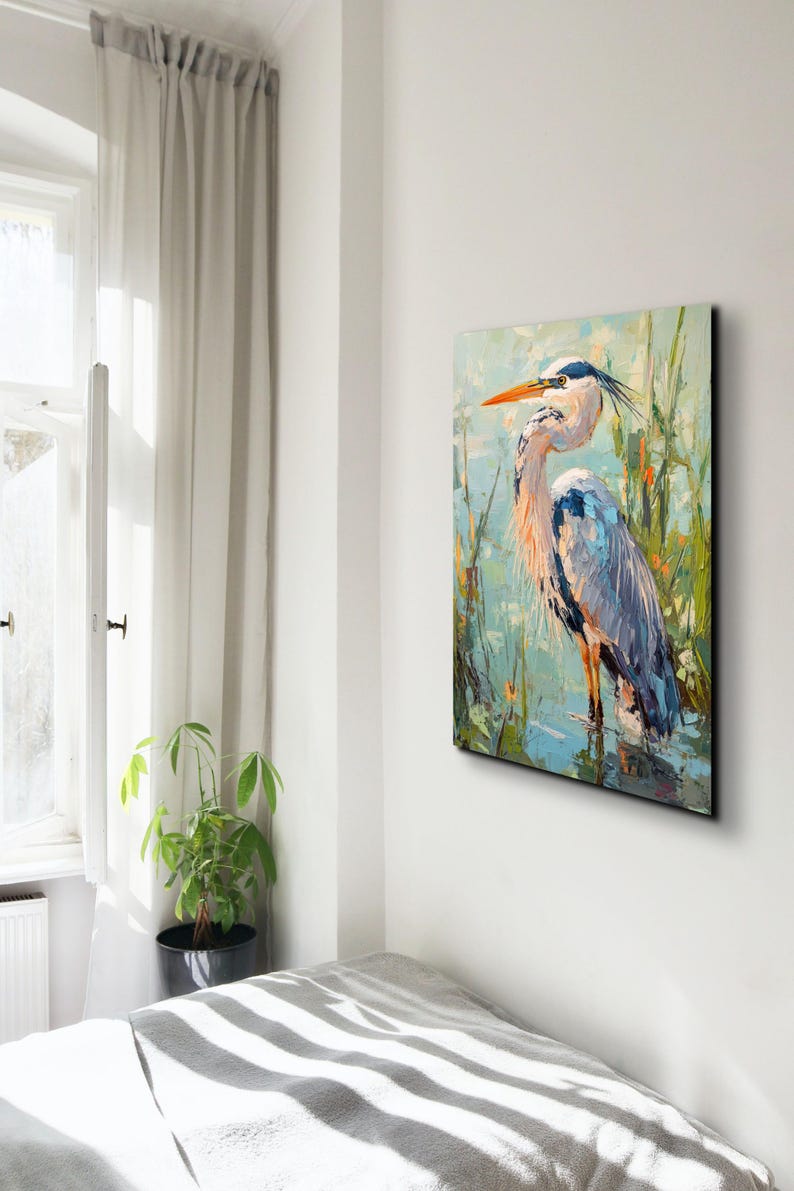 Oil Paint Blue Herron Ready to Hang Canvas Wall Art Print , Herron Art ...