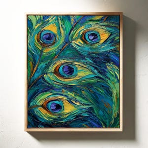 Elegant Peacock Feather Abstract Art Canvas - Bold Brushstroke Texture ...