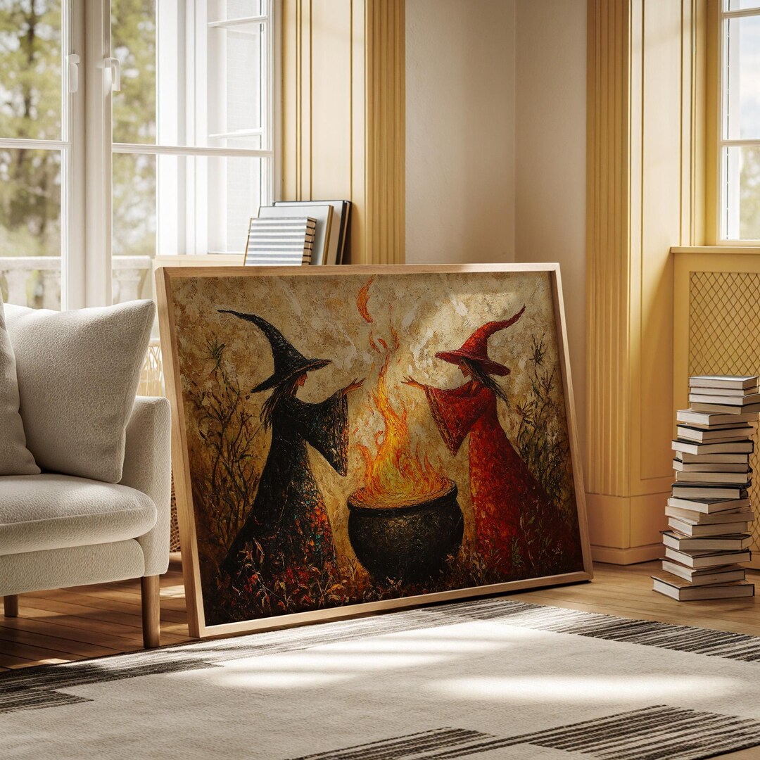 Mystical Witch Sisters Casting Fire Spell, Enchanting Halloween Art ...