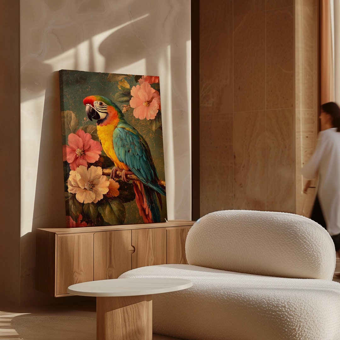 Tropical Parrot Canvas Art - Vibrant Macaw With Hibiscus Flowers ...