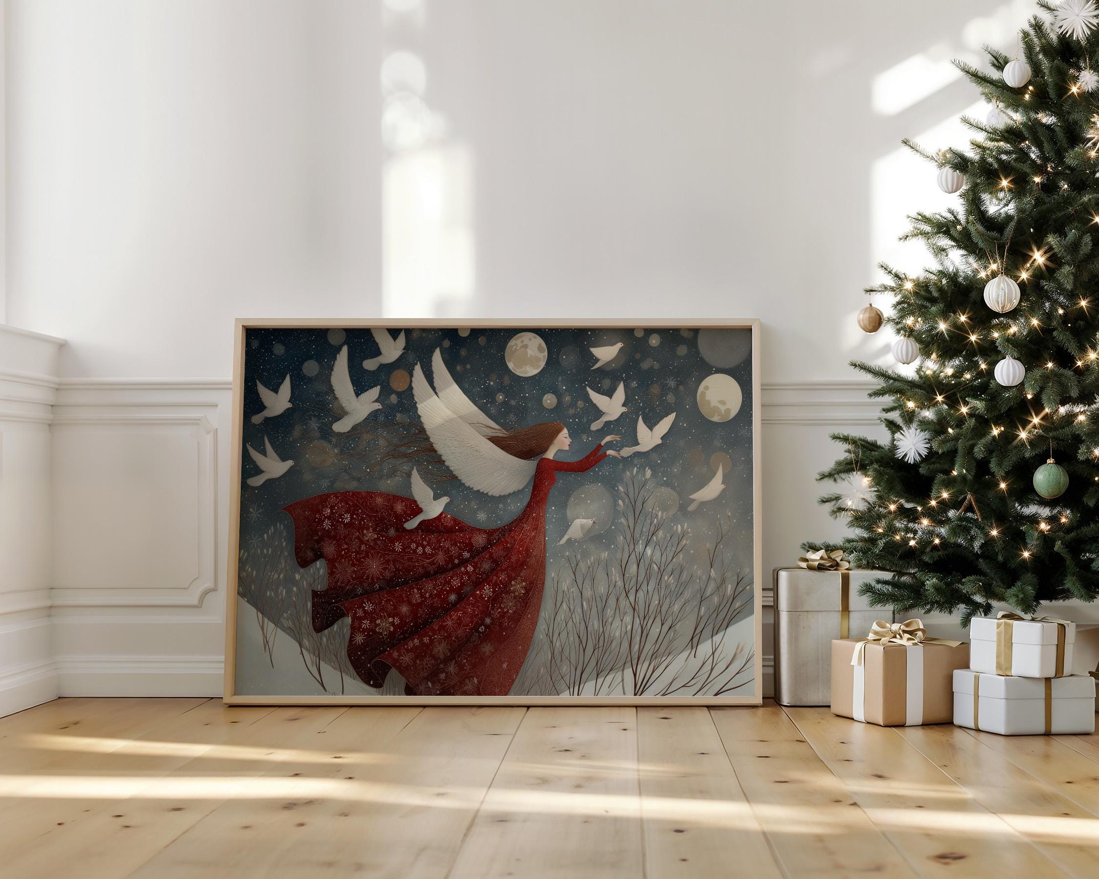 Angel With Doves Canvas Wall Art | Red Dress Winter Angel Painting ...