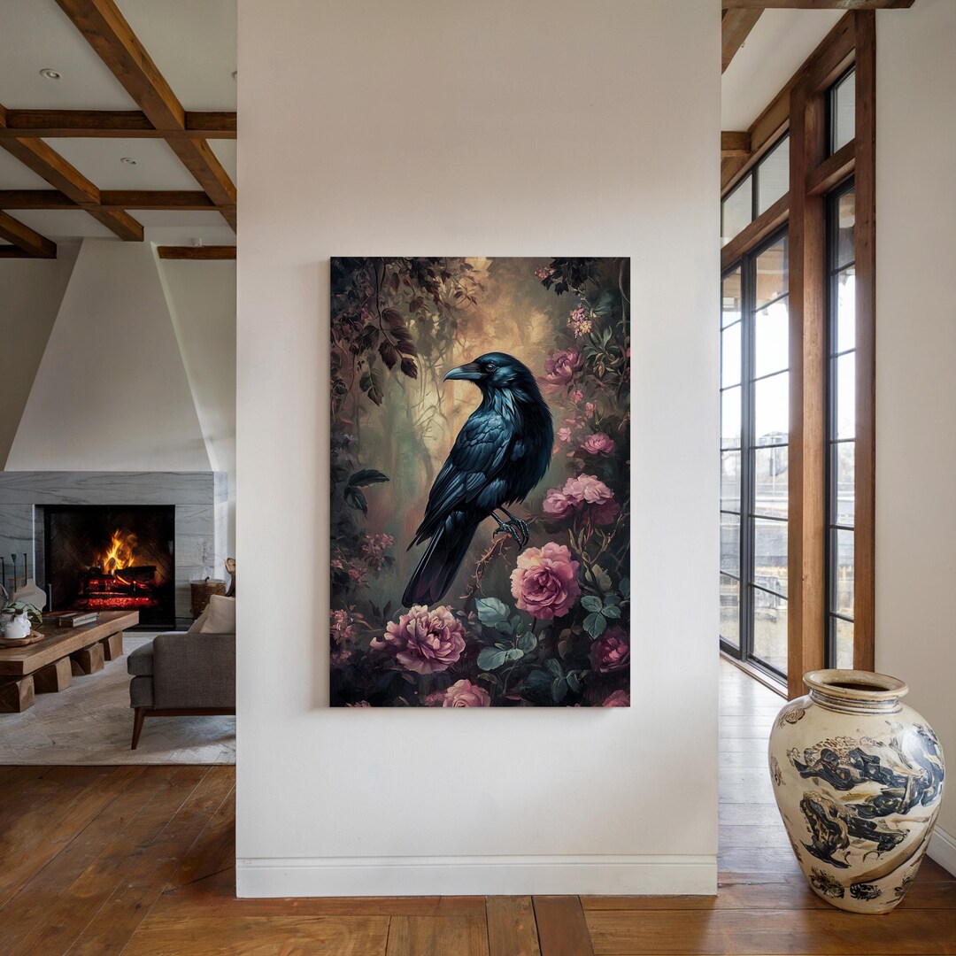 Mystical Raven and Blooming Roses Canvas Wall Art for Enchanting Nature ...