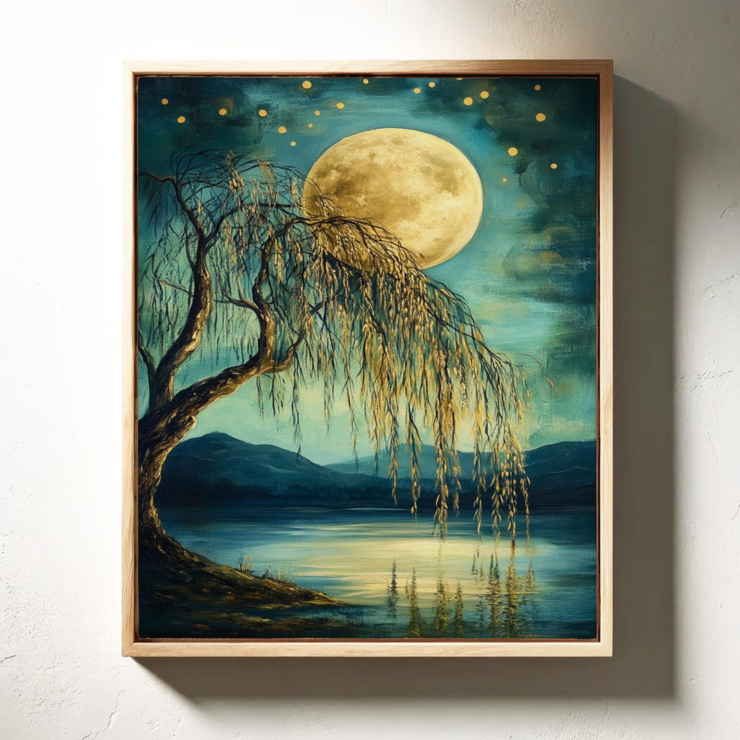 Enchanting Moonlit Willow Tree – Serene Nature Canvas Art With Glowing ...