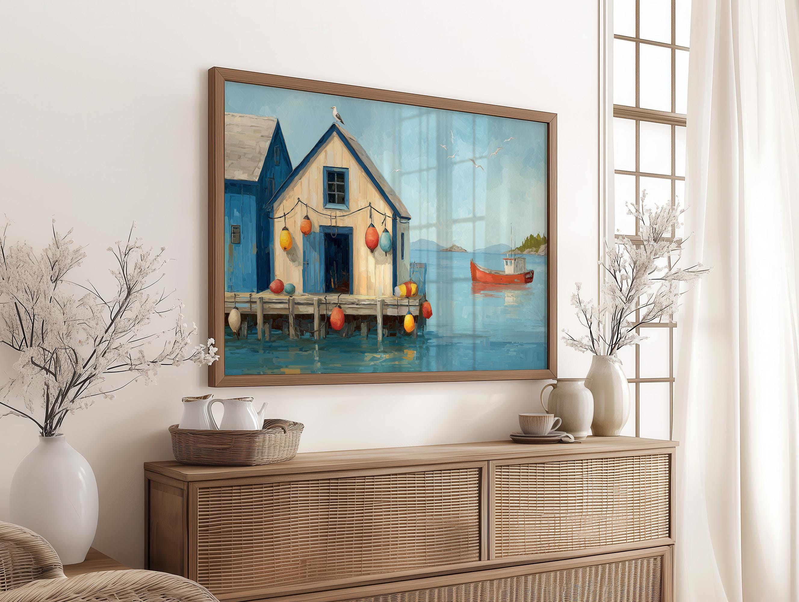 Coastal Dockside Morning Scene | Nautical Fishing Shack and Red Boat ...