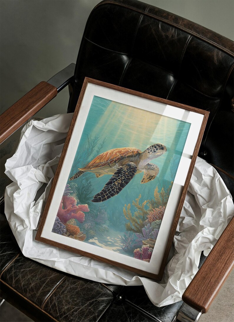 Sea Turtle Swimming Canvas Art, Tropical Ocean Reef Wall Decor, Coastal ...