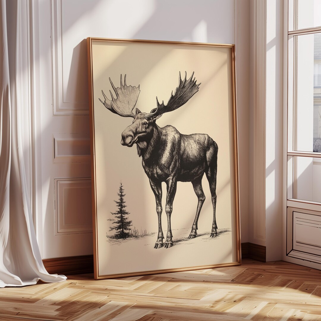 Vintage Moose Drawing Print – Rustic Wildlife Canvas Wall Art for Cabin ...