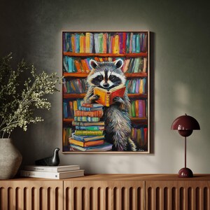 Whimsical Reading Raccoon Canvas | Library Book Lover Wall Art ...