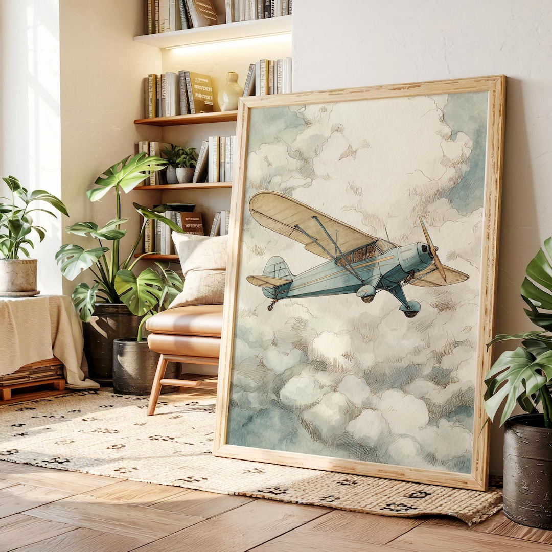 Vintage Airplane Canvas Wall Art, Retro Aviation Painting of Plane ...