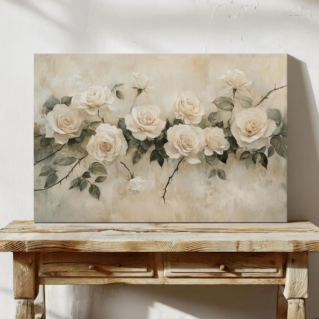 Elegant White Rose Floral Canvas Wall Art - Romantic Hangable Wall ...