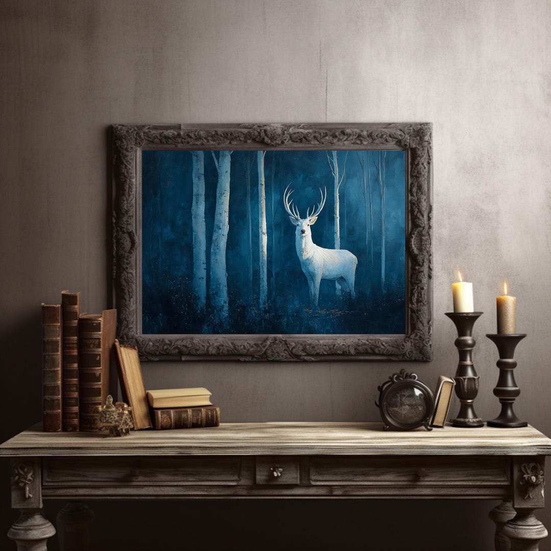 White Stag Under Moonlit Birch Trees - Etsy