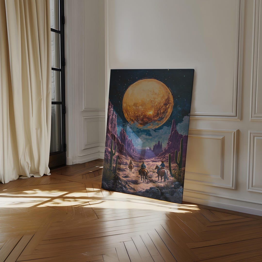 Cowboys in Moonlit Desert Canyon Canvas Art, Western Night Scene ...