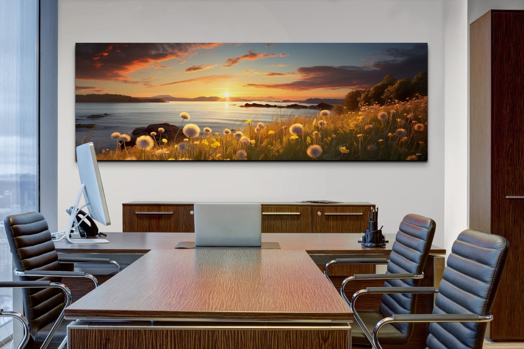 Field of Dandelions Ocean View Canvas Wall Art, Sunset Nature Wall Art ...