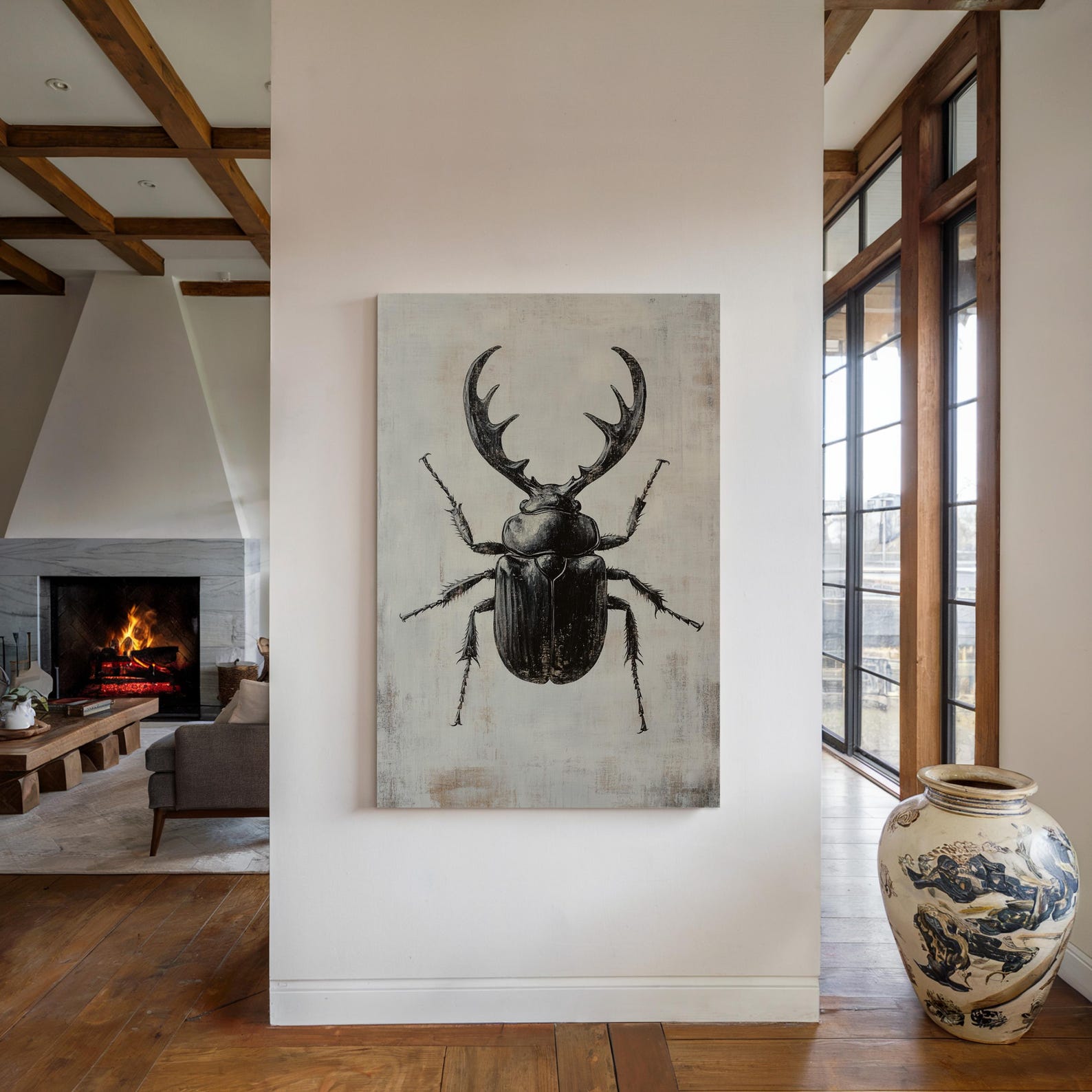 Vintage Stag Beetle Illustration on Distressed Background - Entomology ...