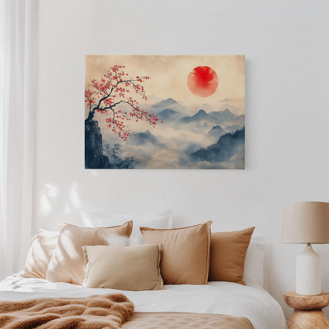 Japanese Red Maple Art - Misty Mountain Landscape - Rising Sun Wall ...
