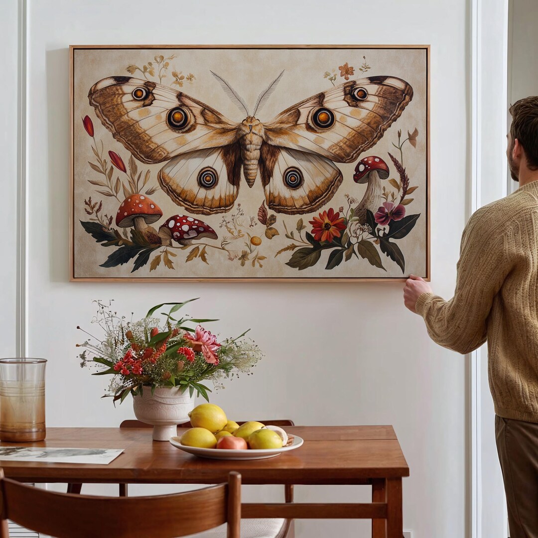 Rustic Moth Wall Art - Nature-inspired Canvas With Vibrant Mushrooms ...