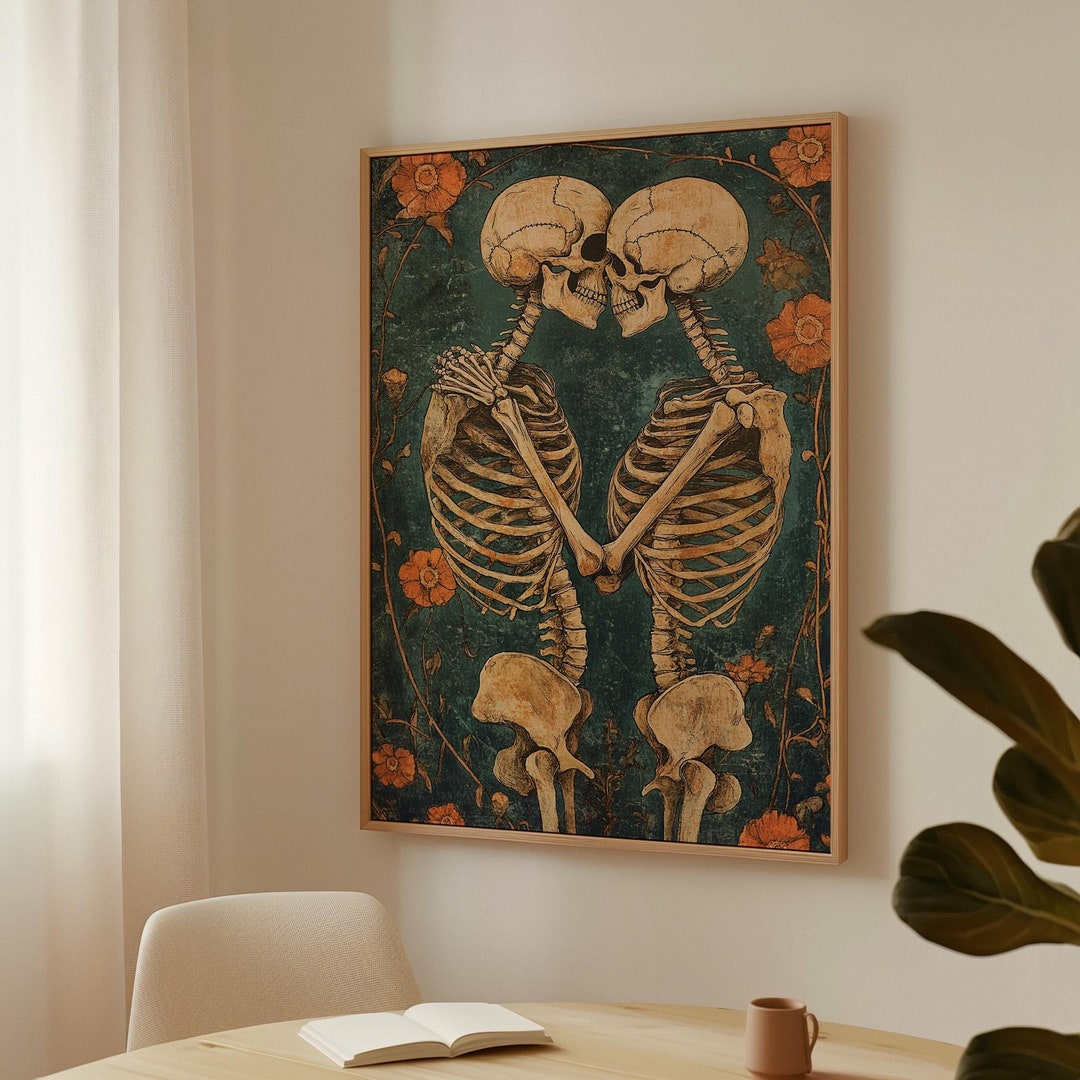 Romantic Skeleton Couple Wall Art: Whimsical Floral Design on Teal ...