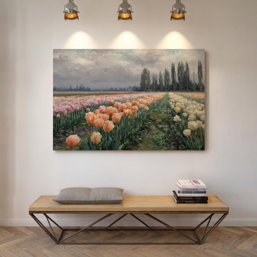 Tulip Field Canvas Wall Art, Pastel Flower Meadow Landscape Painting ...