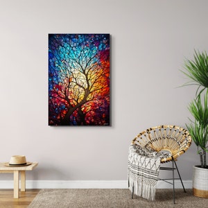 Colorful Tree Canvas Wall Art, Colorful Trees in Stained Glass Style ...