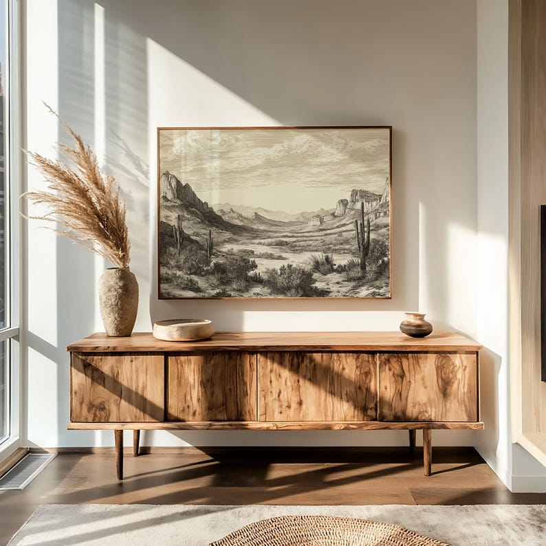 Vintage Desert Canyon Line Drawing | Western Landscape Art for Rustic ...