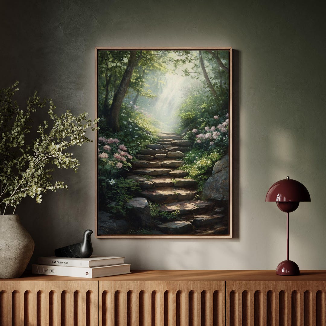 Enchanted Forest Pathway Oil Painting – Lush Greenery, Stone Steps, and ...
