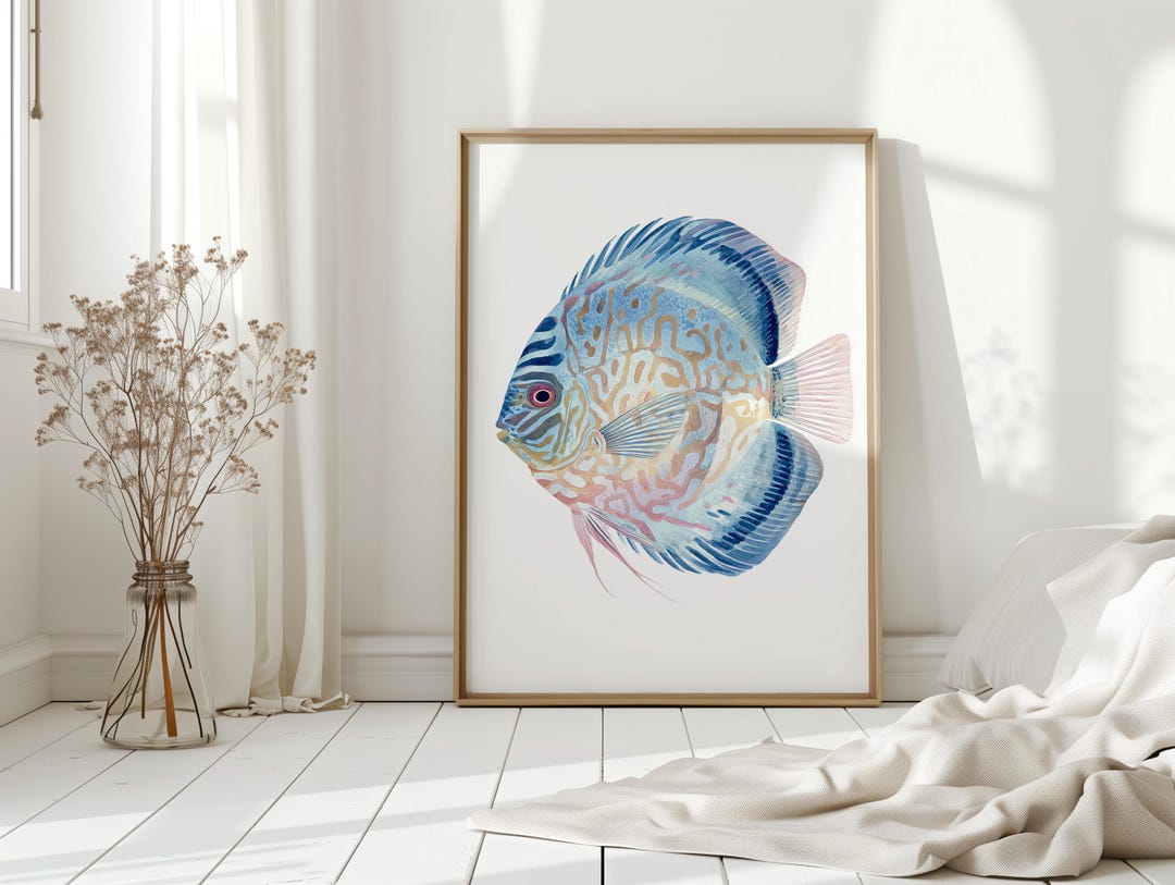 Colorful Discus Fish Watercolor Wall Art, Coastal Ocean Bathroom Decor ...