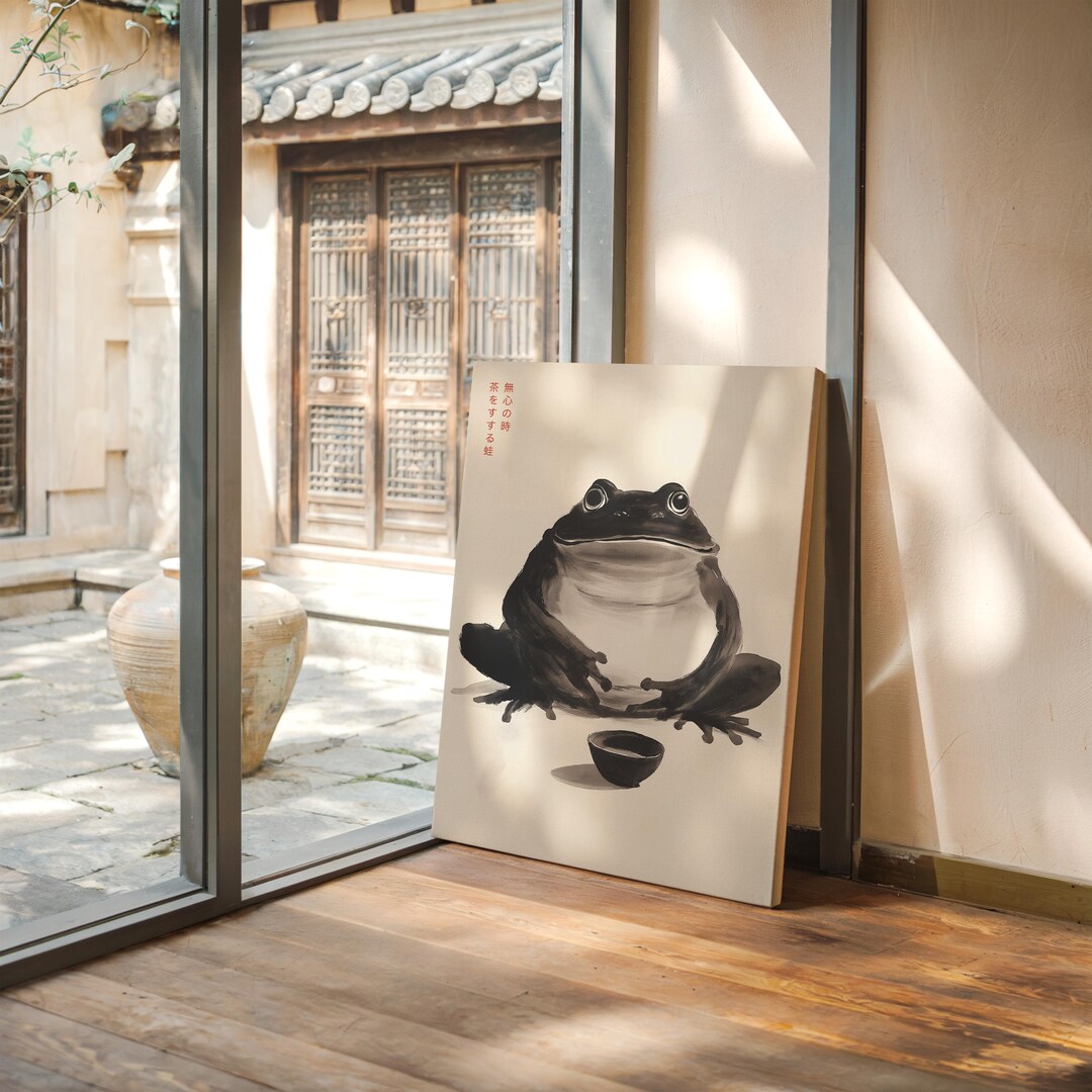 Zen Frog Tea Haiku Canvas – Japanese Ink Wash Art With Minimalist ...
