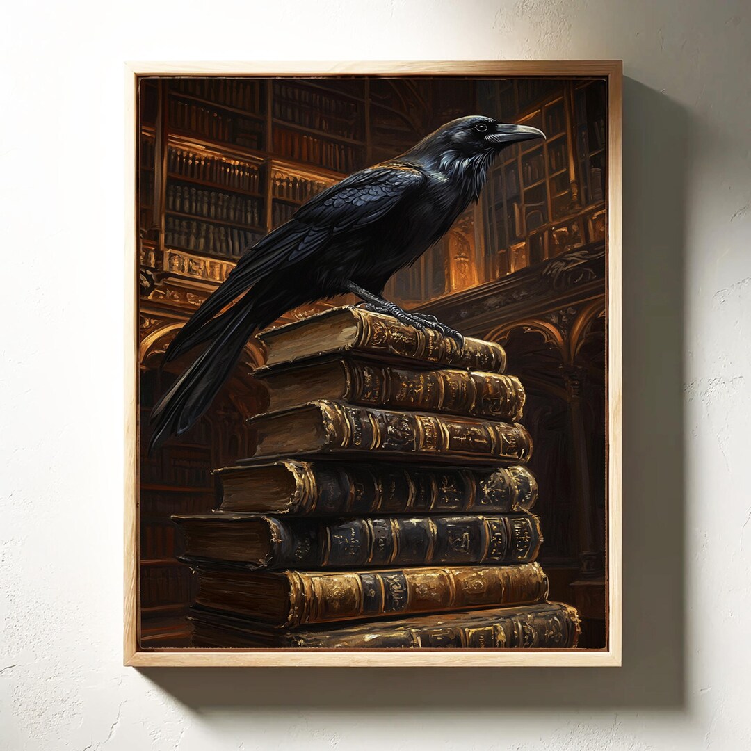 Majestic Raven Perched on Vintage Books Canvas Wall Art - Gothic ...