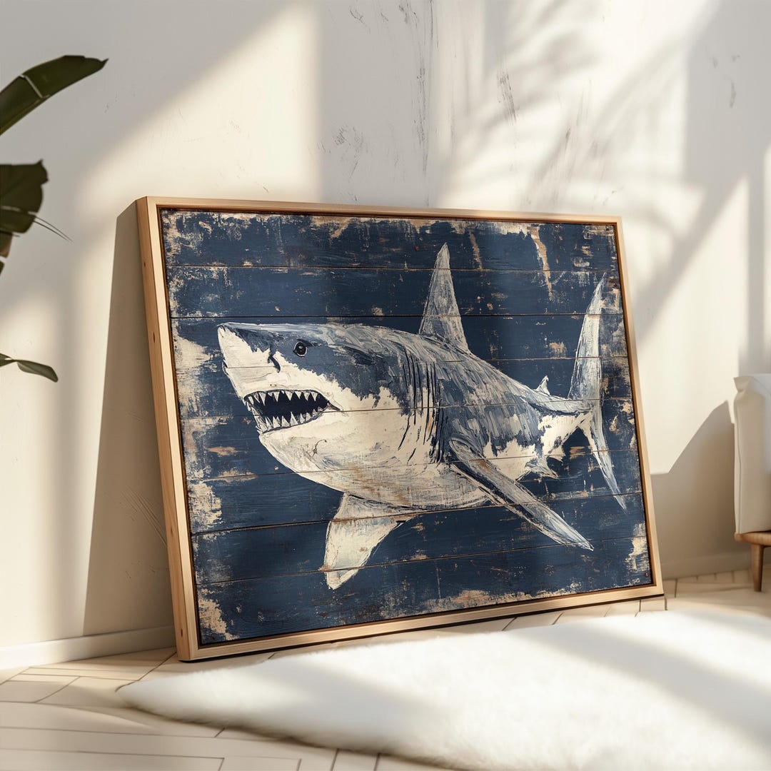 Rustic Shark Canvas Wall Art | Nautical Great White Shark Painting on ...