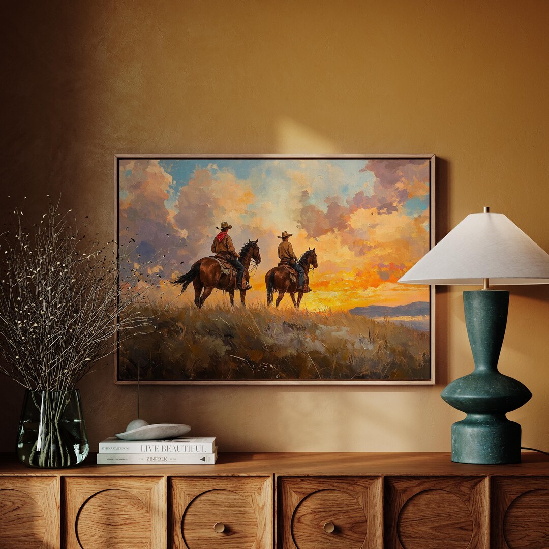 Cowboys at Sunset Canvas Art, Western Landscape Wall Decor, Rustic ...