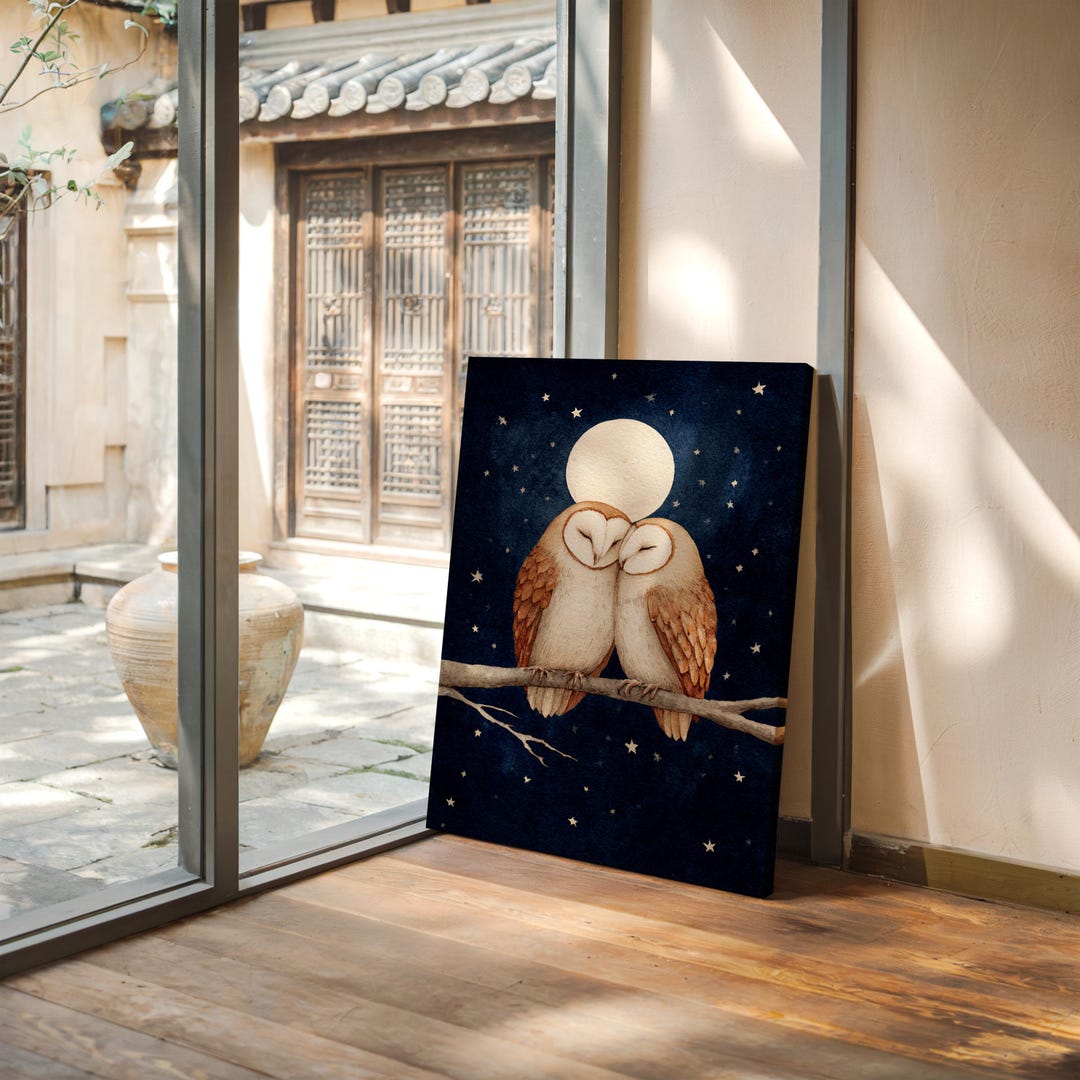 Loving Barn Owls Under Moonlit Sky - Etsy