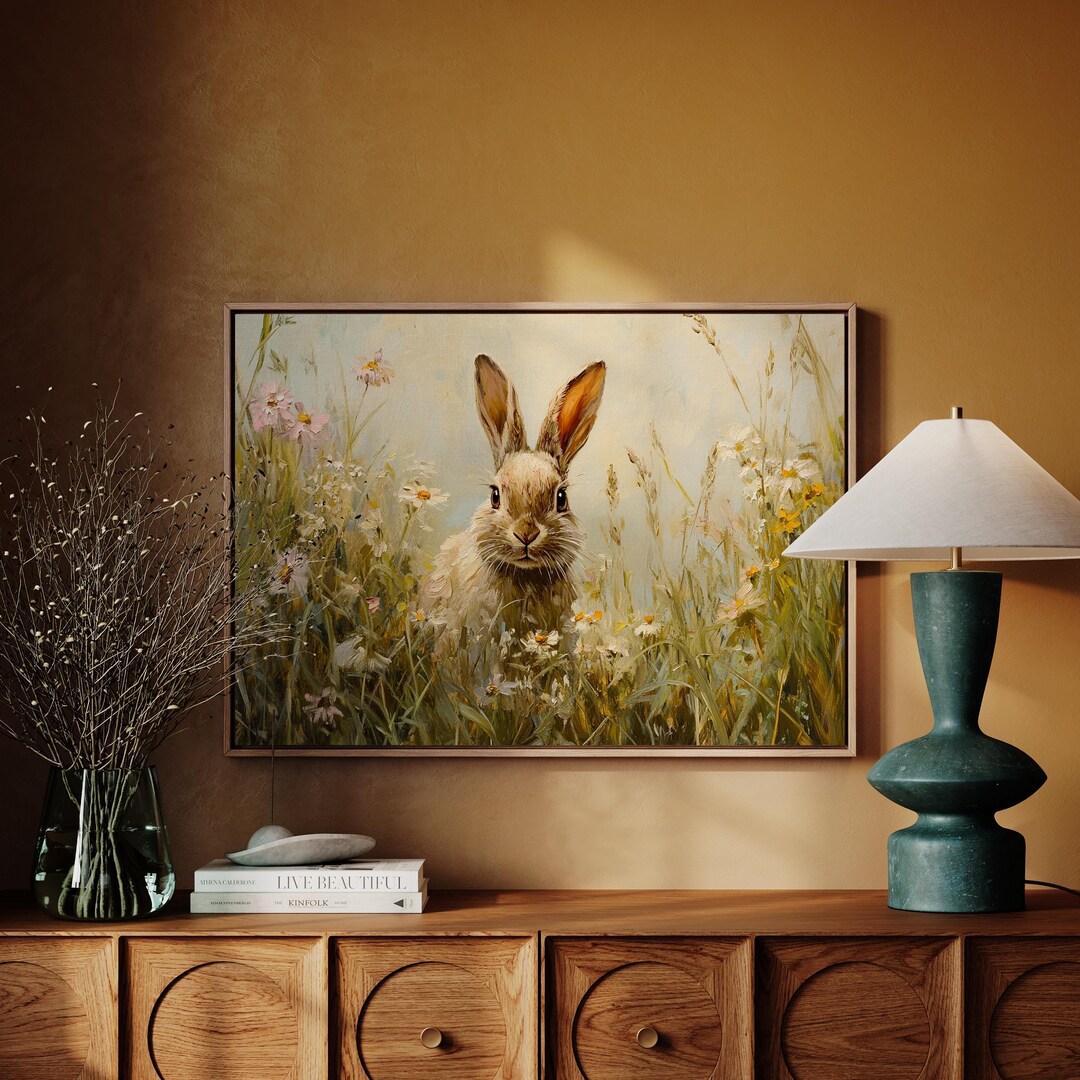 Rustic Bunny in Wildflowers Canvas, Cottagecore Rabbit Painting, Spring ...