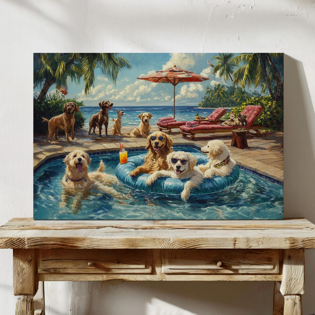 Funny Dog Pool Party Canvas, Summer Beach Art, Playful Golden Retriever ...