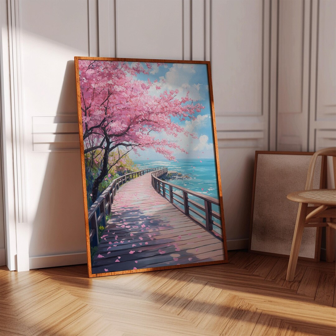 Cherry Blossom Ocean Boardwalk Canvas | Peaceful Sakura Flower Path by ...