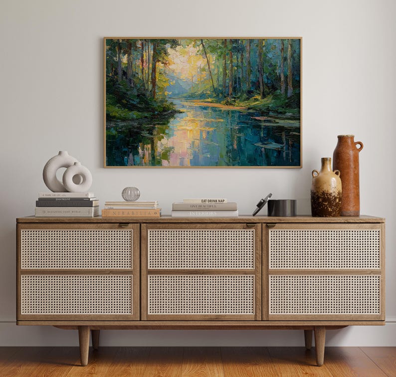 Sunlit Forest River Canvas Wall Art | Vibrant Nature Landscape With ...