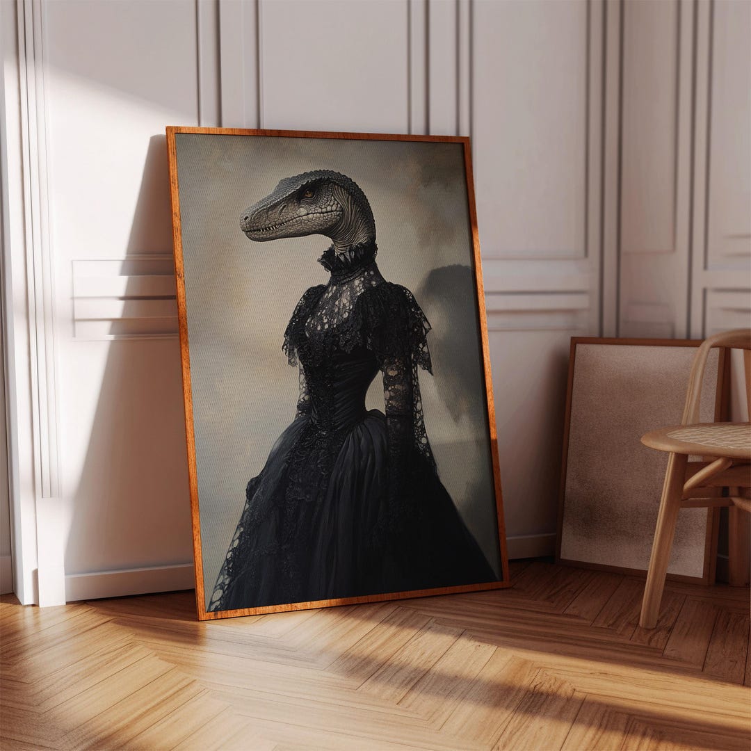 Victorian Raptor Lady Canvas | Dinosaur in Black Lace Gown Wall Art ...