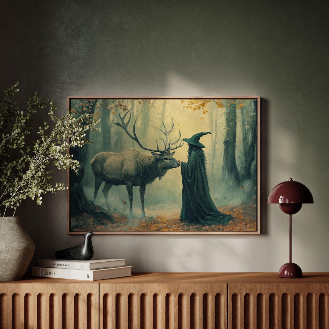 Witch and Stag Mystical Forest Art - Enchanted Woodland Canvas for ...