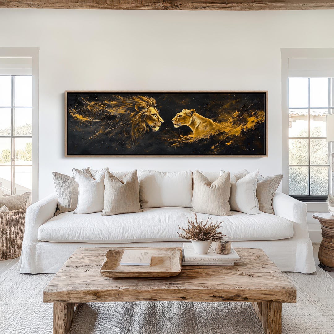 Lion and Lioness Abstract Canvas, Golden Safari Wall Art, Majestic Big ...