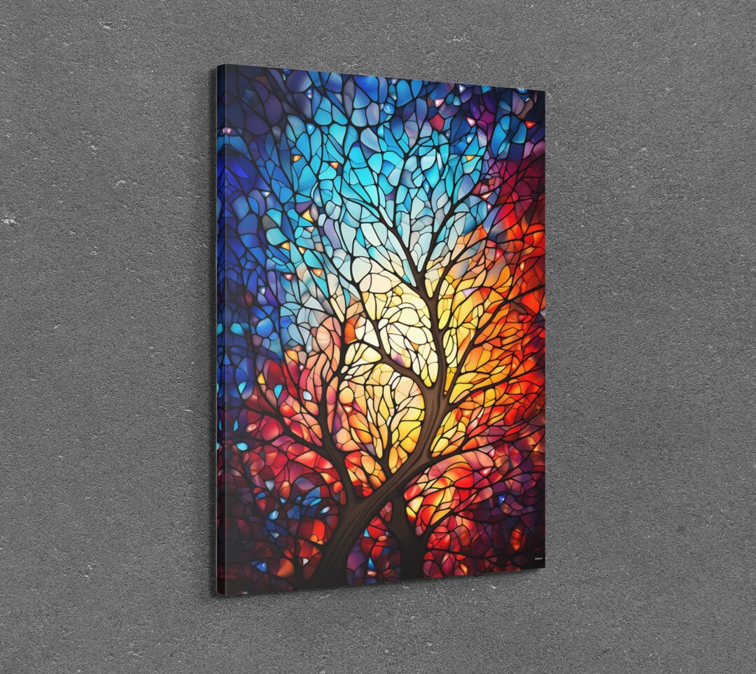 Colorful Tree Canvas Wall Art, Colorful Trees in Stained Glass Style ...