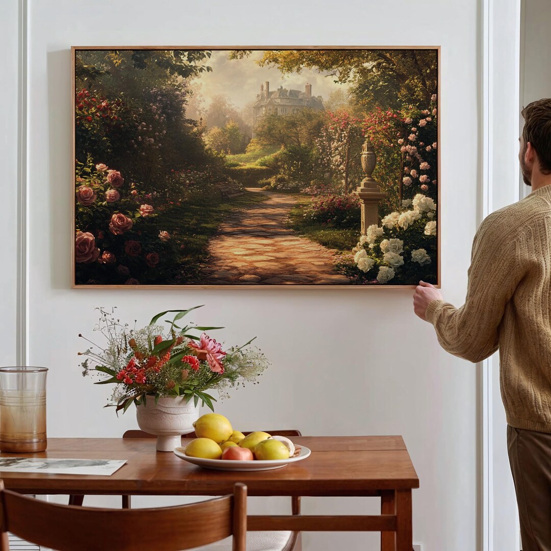French Chateau Garden Canvas, Romantic Floral Pathway Art, Vintage ...