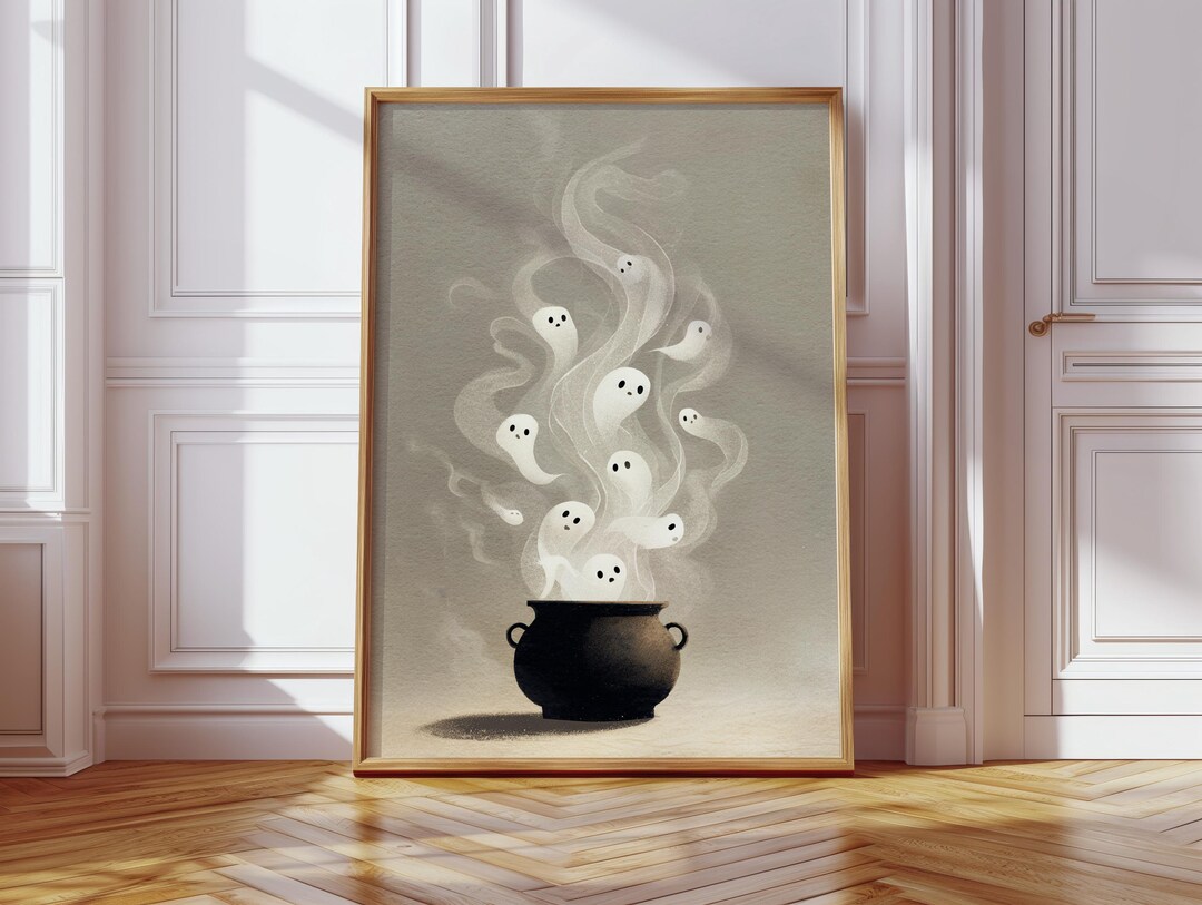 Cute Ghosts in Cauldron Art Print, Whimsical Halloween Witch Decor ...