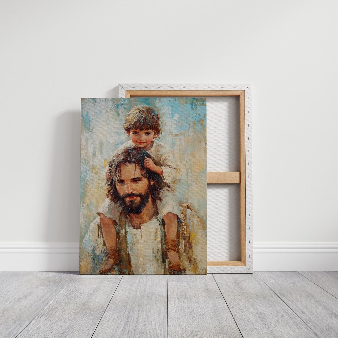 Jesus With Child on Shoulders Painting - Heartfelt Christian Canvas Art ...