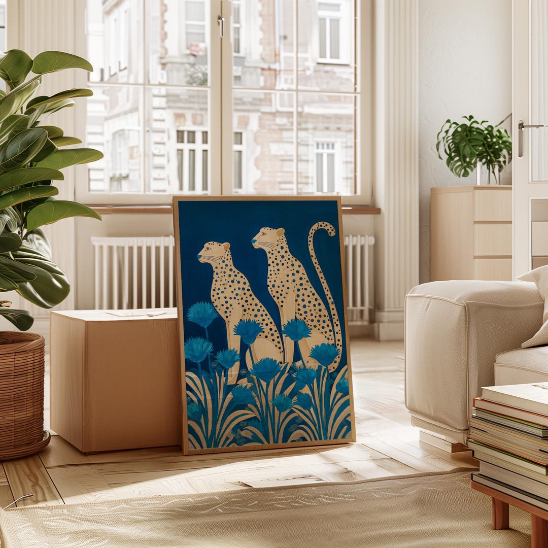 Twin Leopards Illustration Among Blue Wildflowers - Etsy