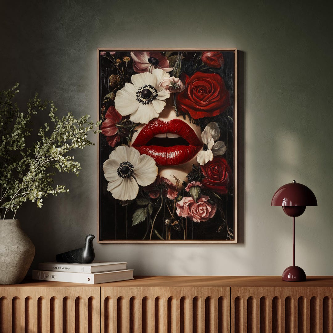 Vintage Oil Painting of Red Lips and Roses With Bold Anemones, Romantic ...
