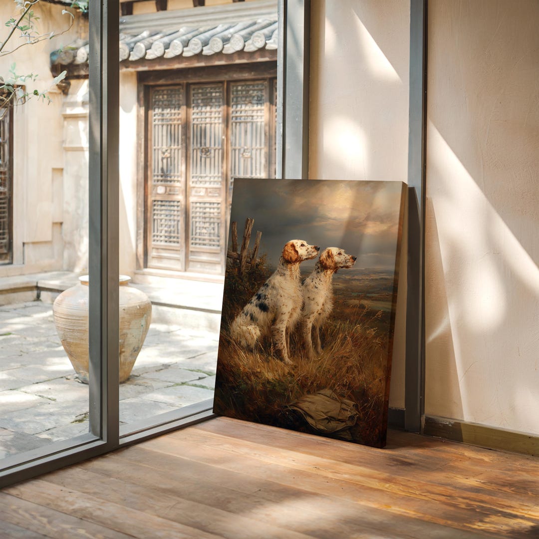 Two English Setters in Field – Vintage Hunting Dog Oil Painting, Rustic ...