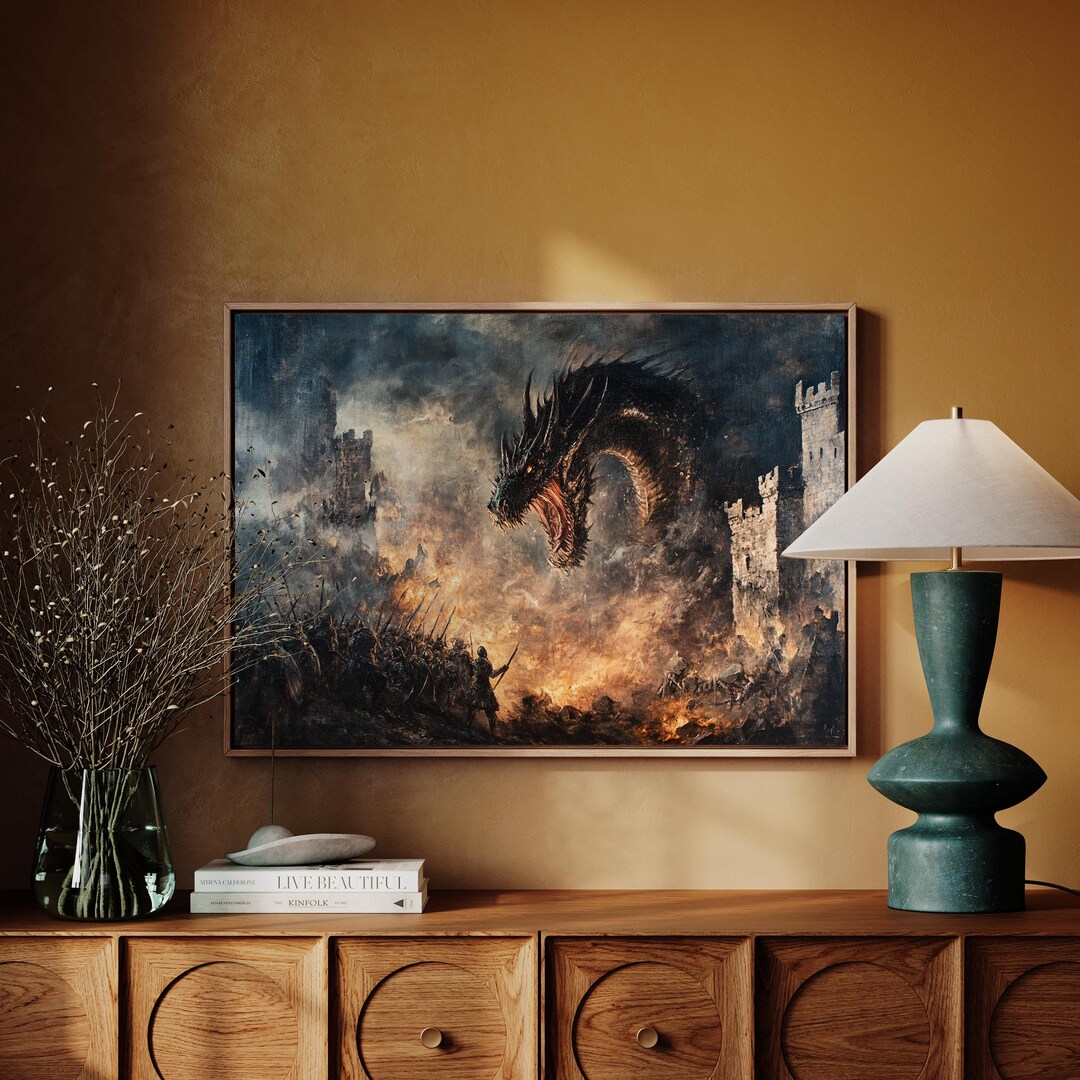 Epic Dragon Battle Canvas - Dark Fantasy Medieval Siege, Fire-breathing ...