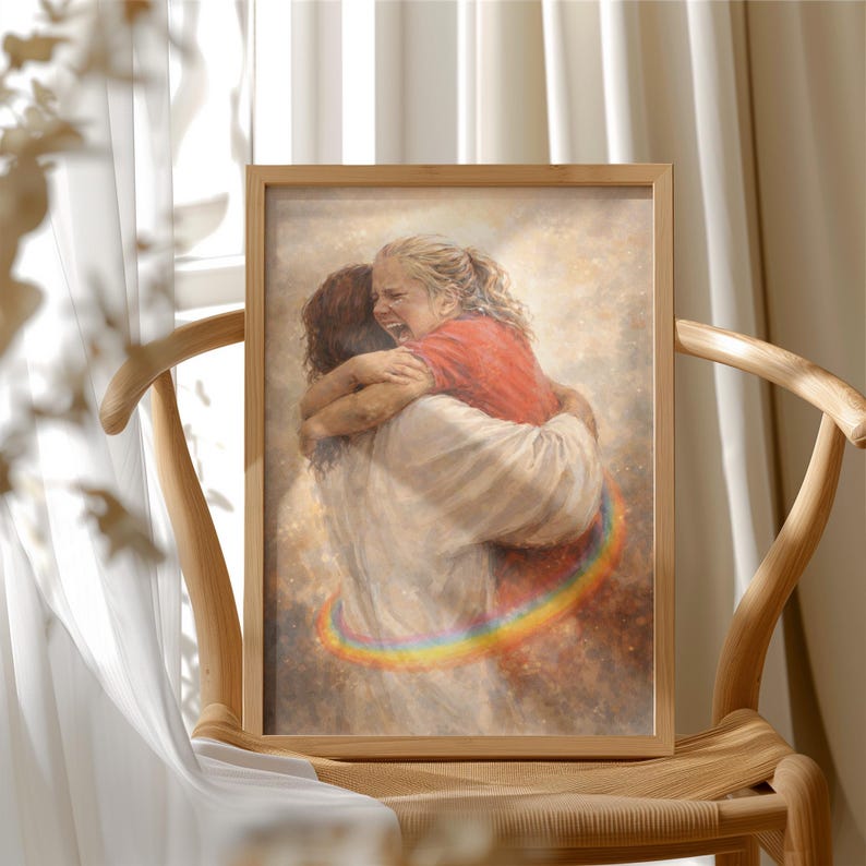 Jesus Embraces Crying Girl in Rainbow Light - Etsy