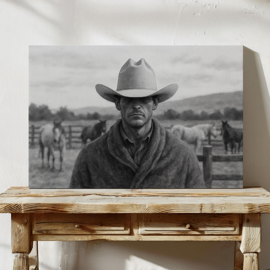 Western Cowboy Portrait Wall Art – Gritty Black and White Ranch Scene ...